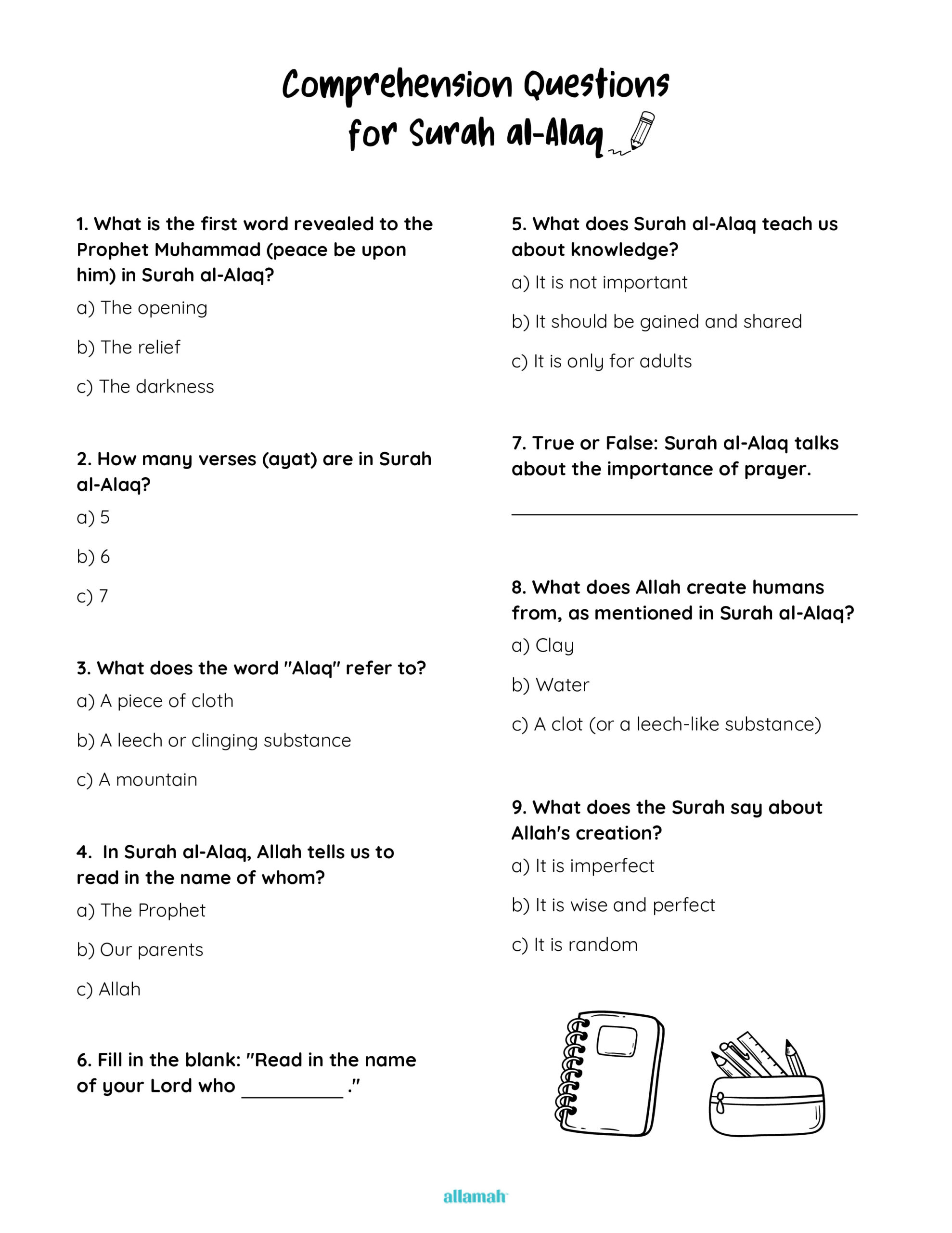 Surah Al-Alaq Comprehension Worksheet – Welcome to Allamah