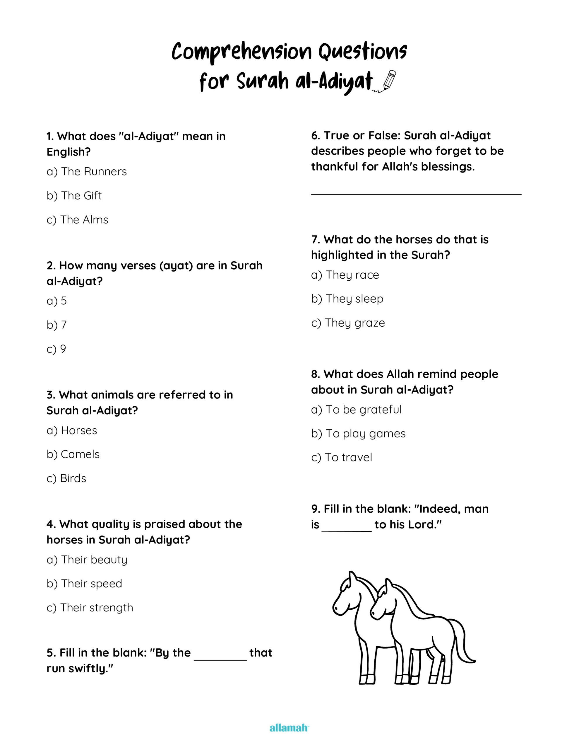 Surah Al-Adiyat Comprehension Worksheet – Welcome to Allamah