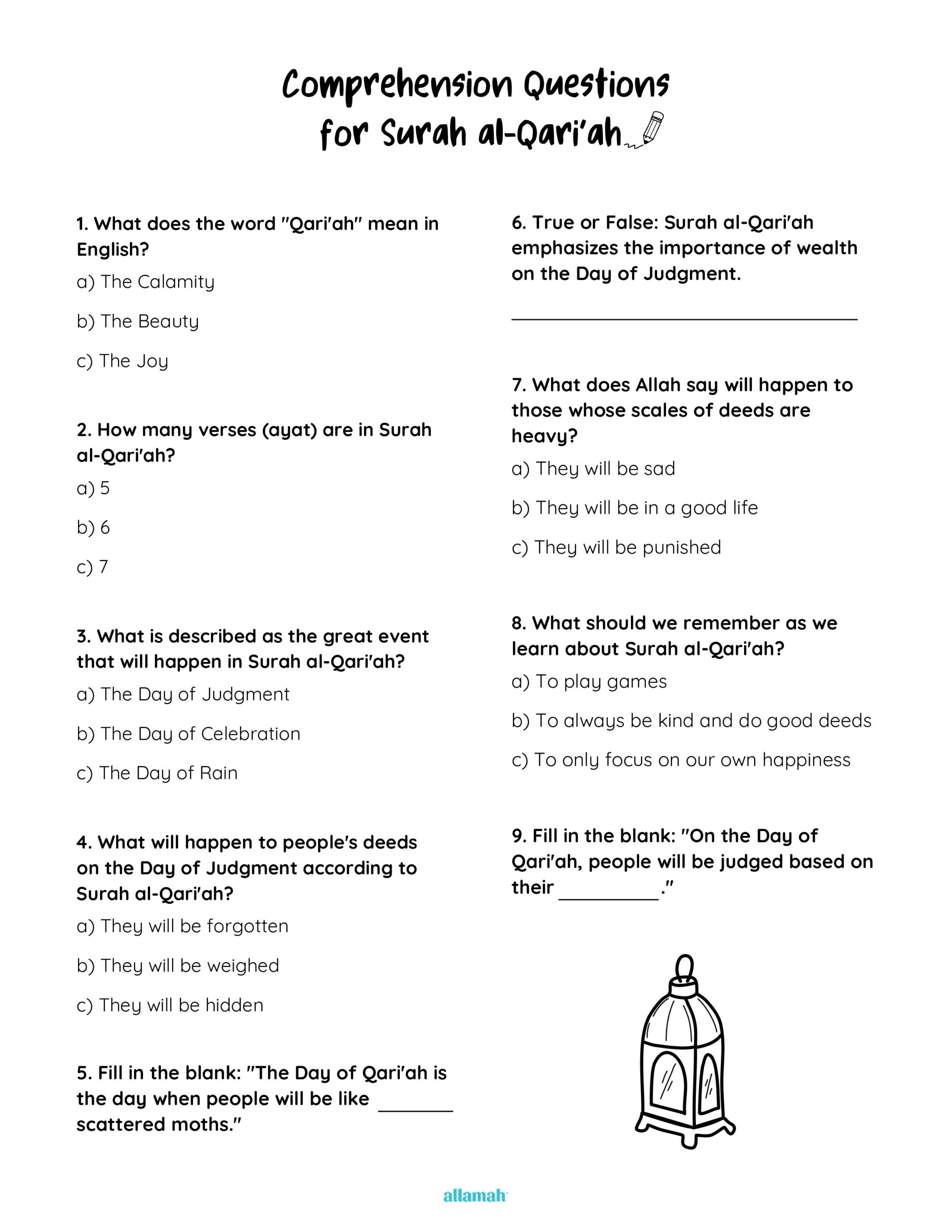 Surah Al-Qari’ah Comprehension Worksheet – Welcome to Allamah