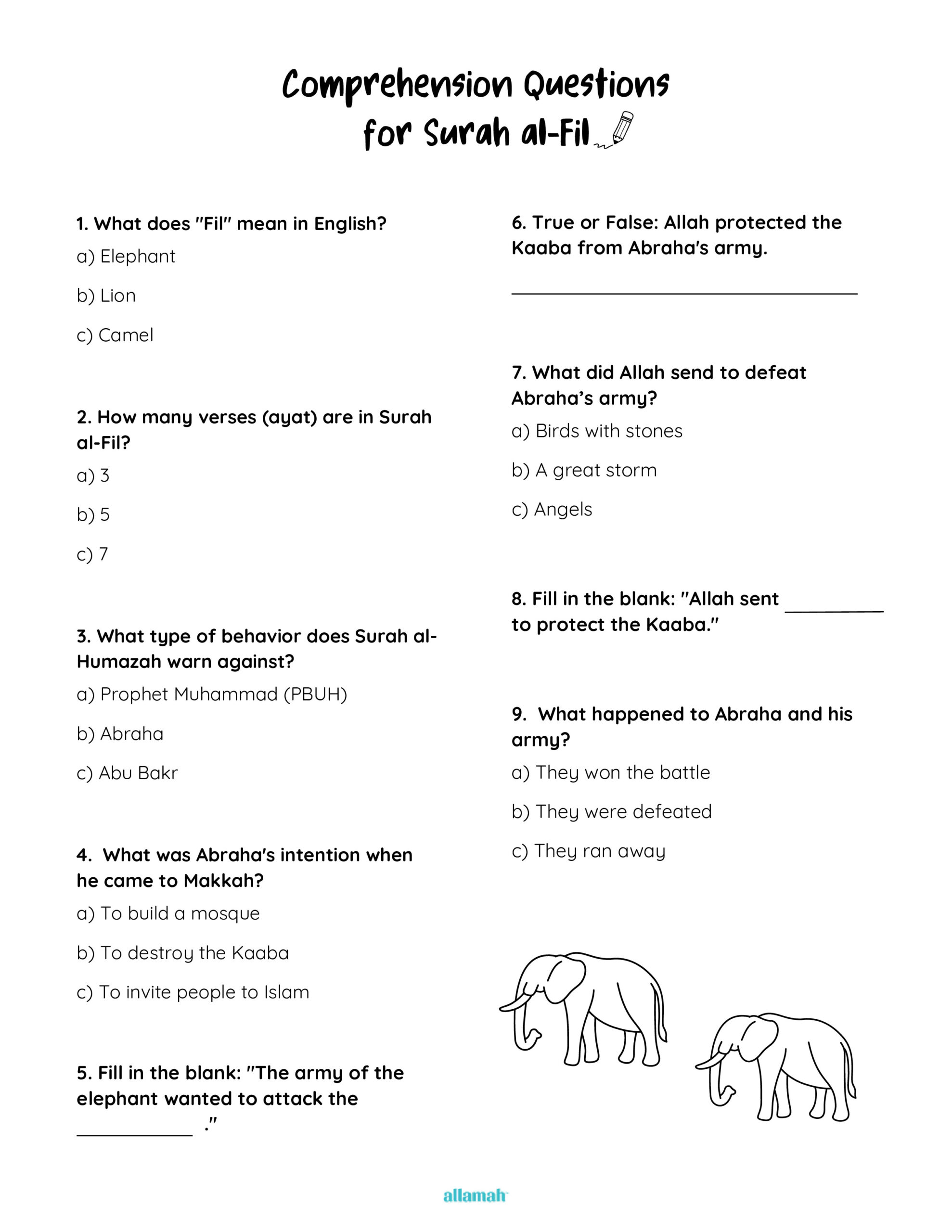 Surah Al-Fil Comprehension Worksheet – Welcome to Allamah