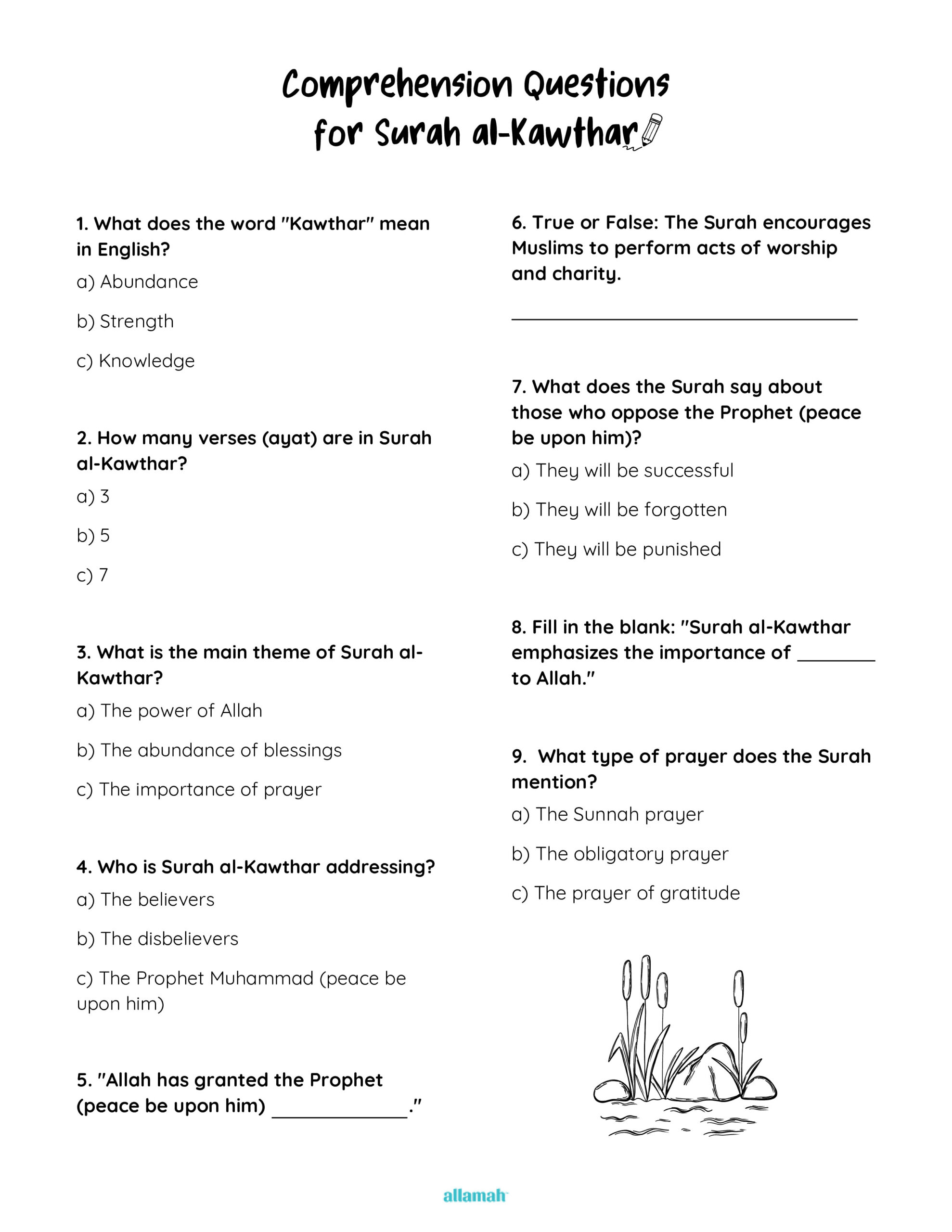 Surah Al-Kawthar Comprehension Worksheet – Welcome to Allamah