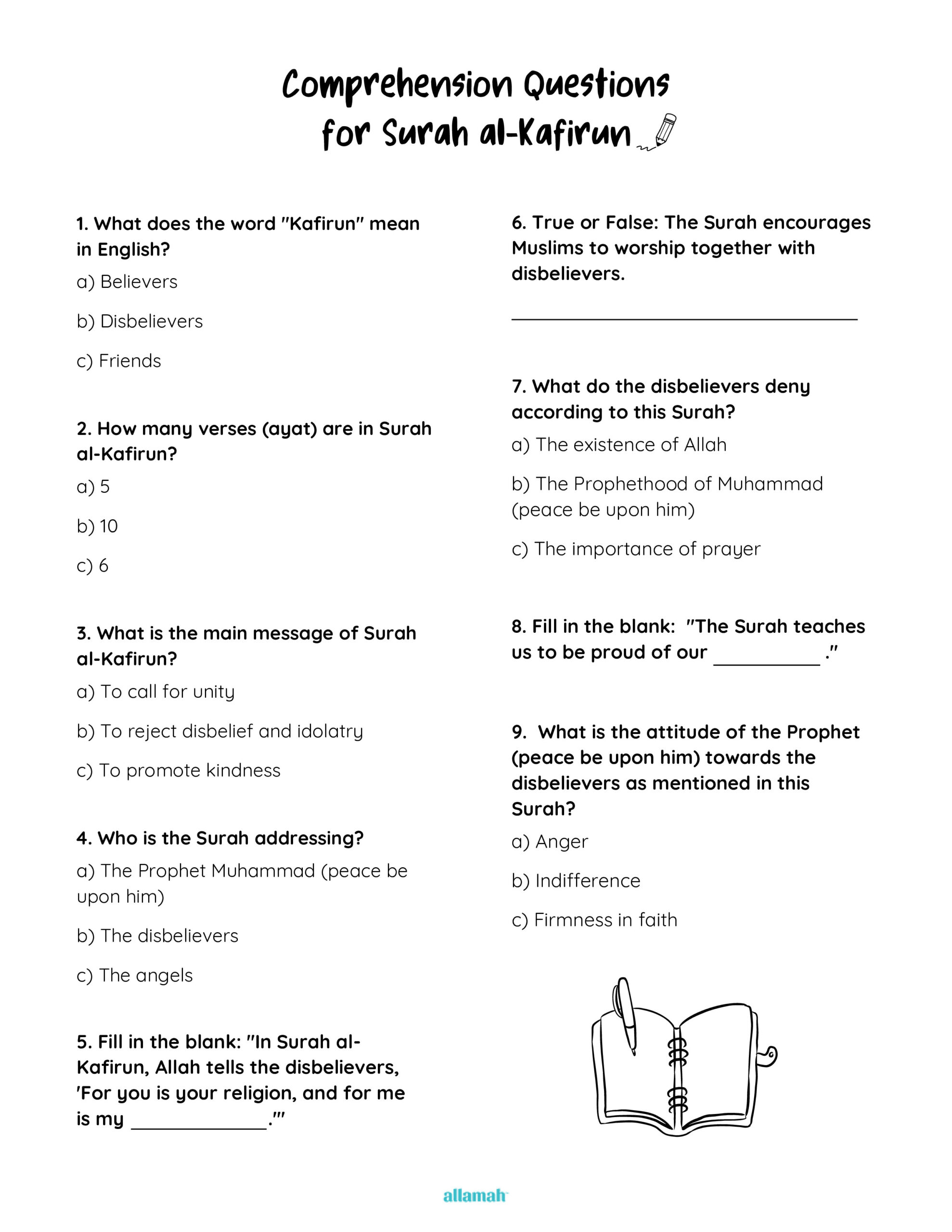Surah Al-Kafirun Comprehension Worksheet – Welcome to Allamah