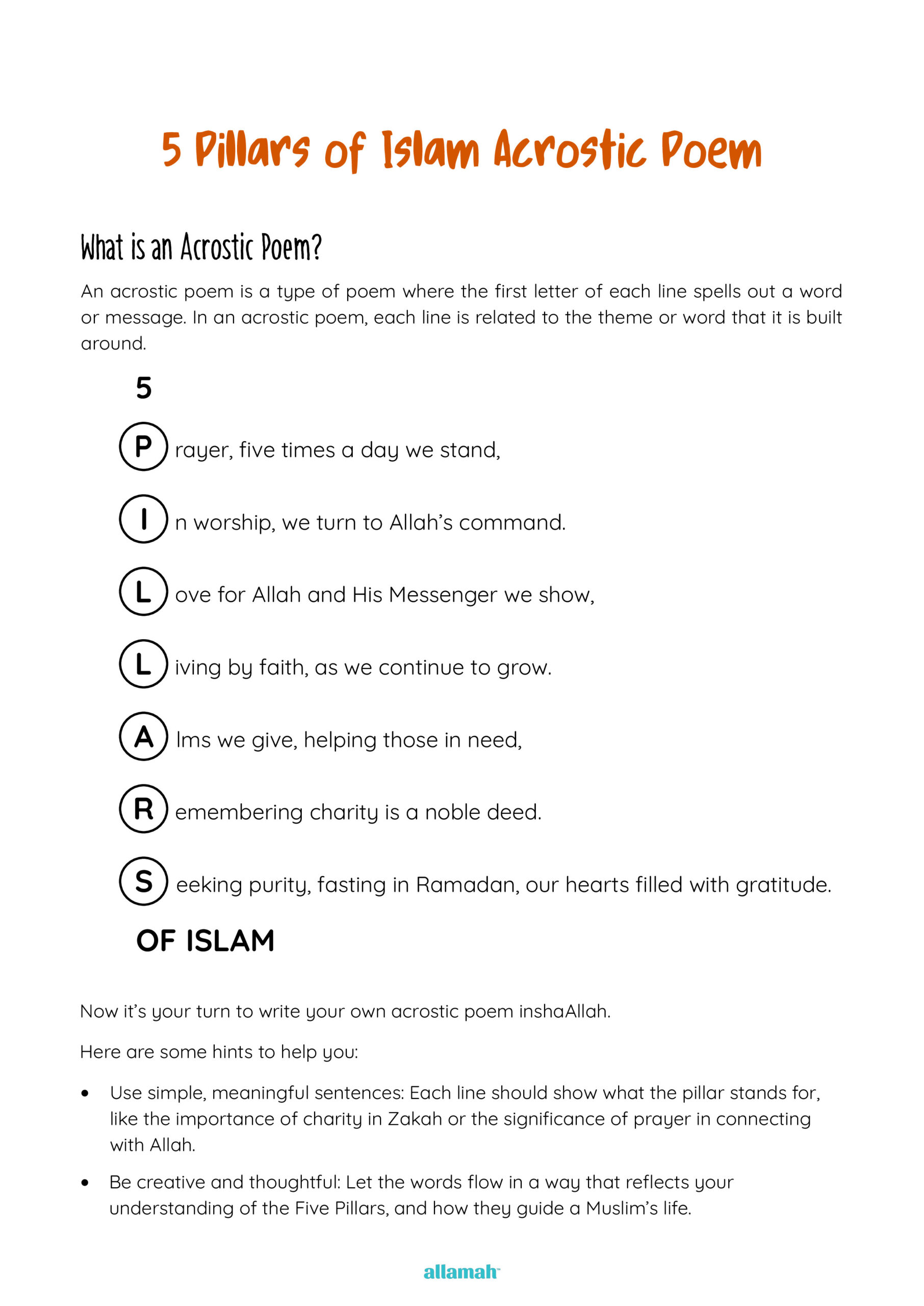 5 Pillars of Islam Acrostic Poem – Welcome to Allamah
