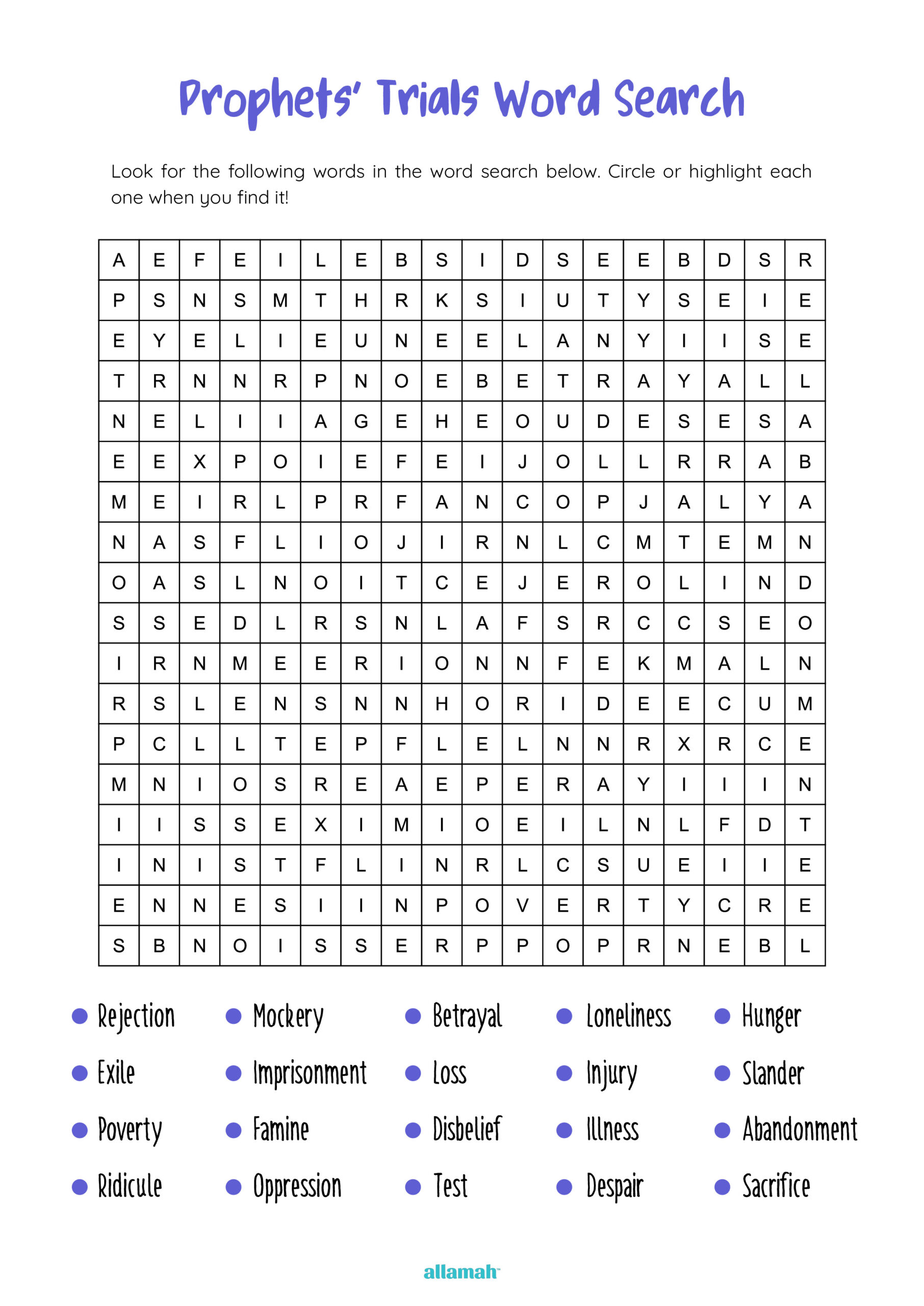 Prophets’ Trials Word Search – Welcome to Allamah