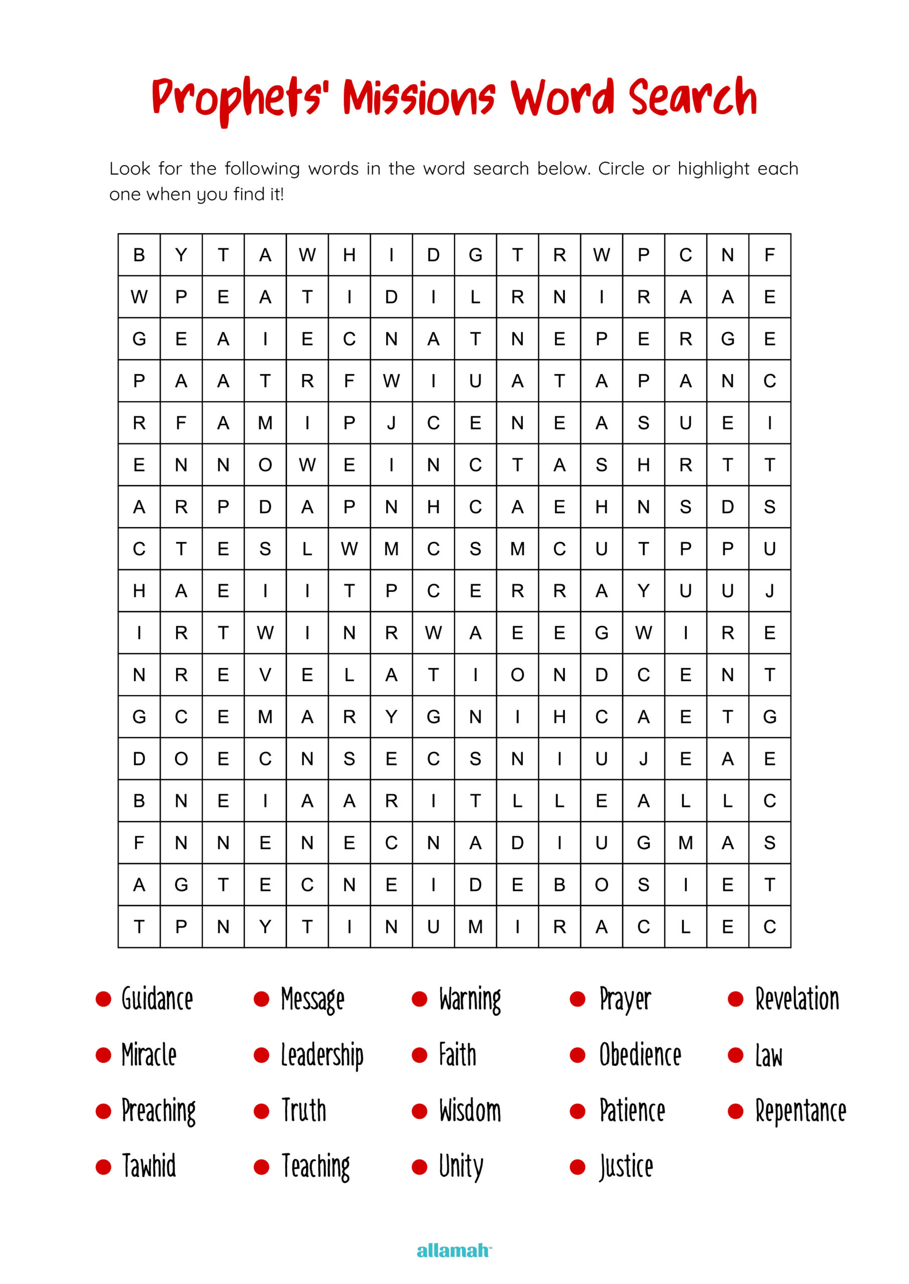Prophets’ Missions Word Search – Welcome to Allamah