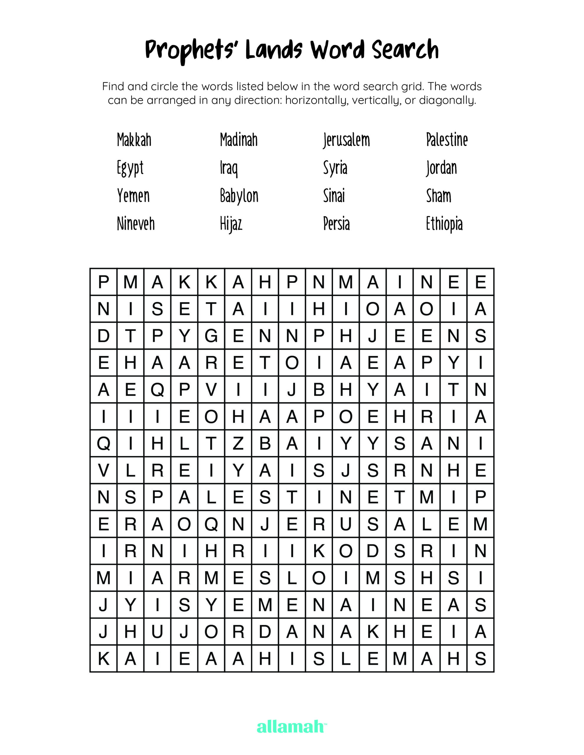 Prophets’ Lands Word Search – Welcome to Allamah
