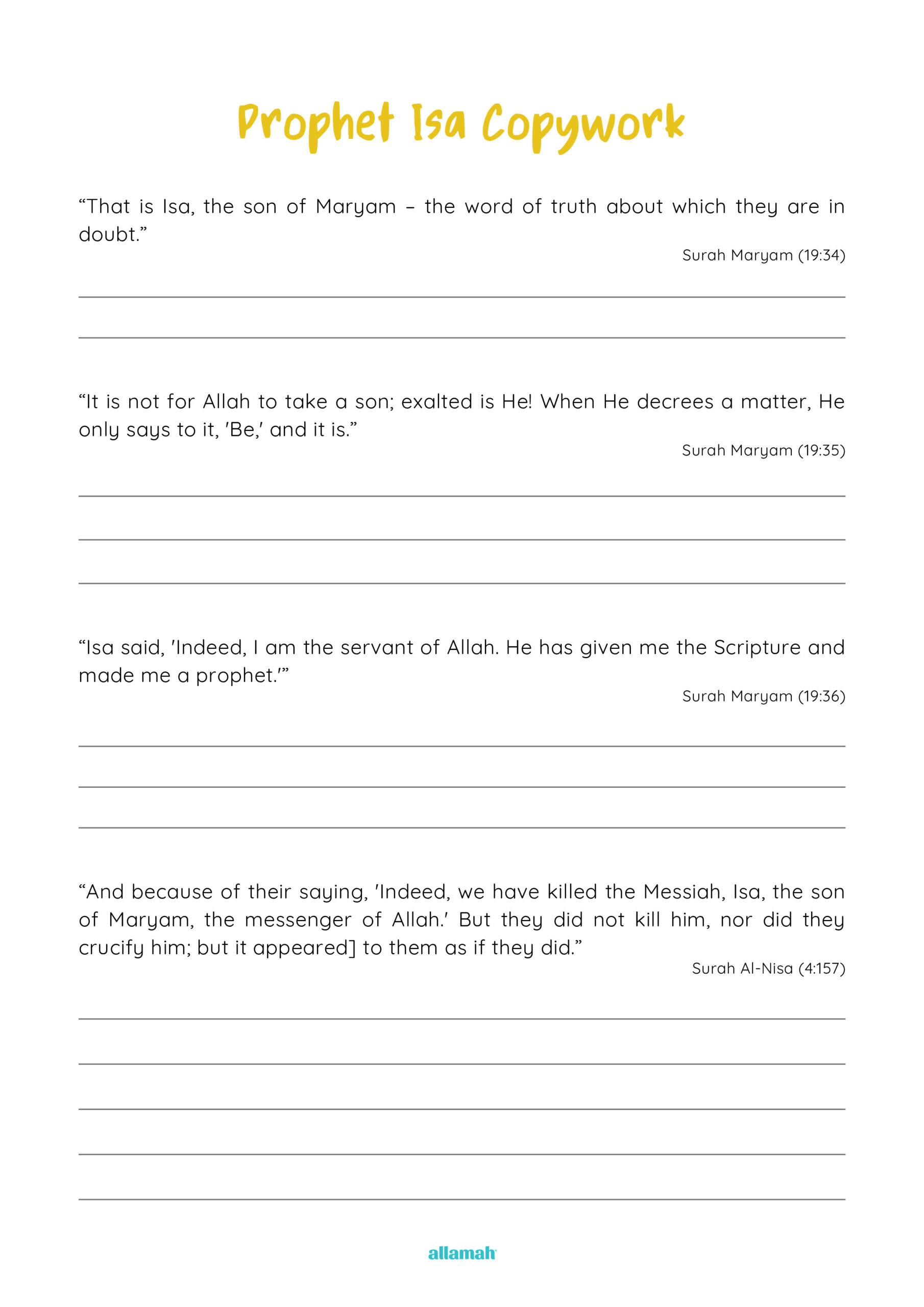 Prophet Isa Copywork – Welcome to Allamah