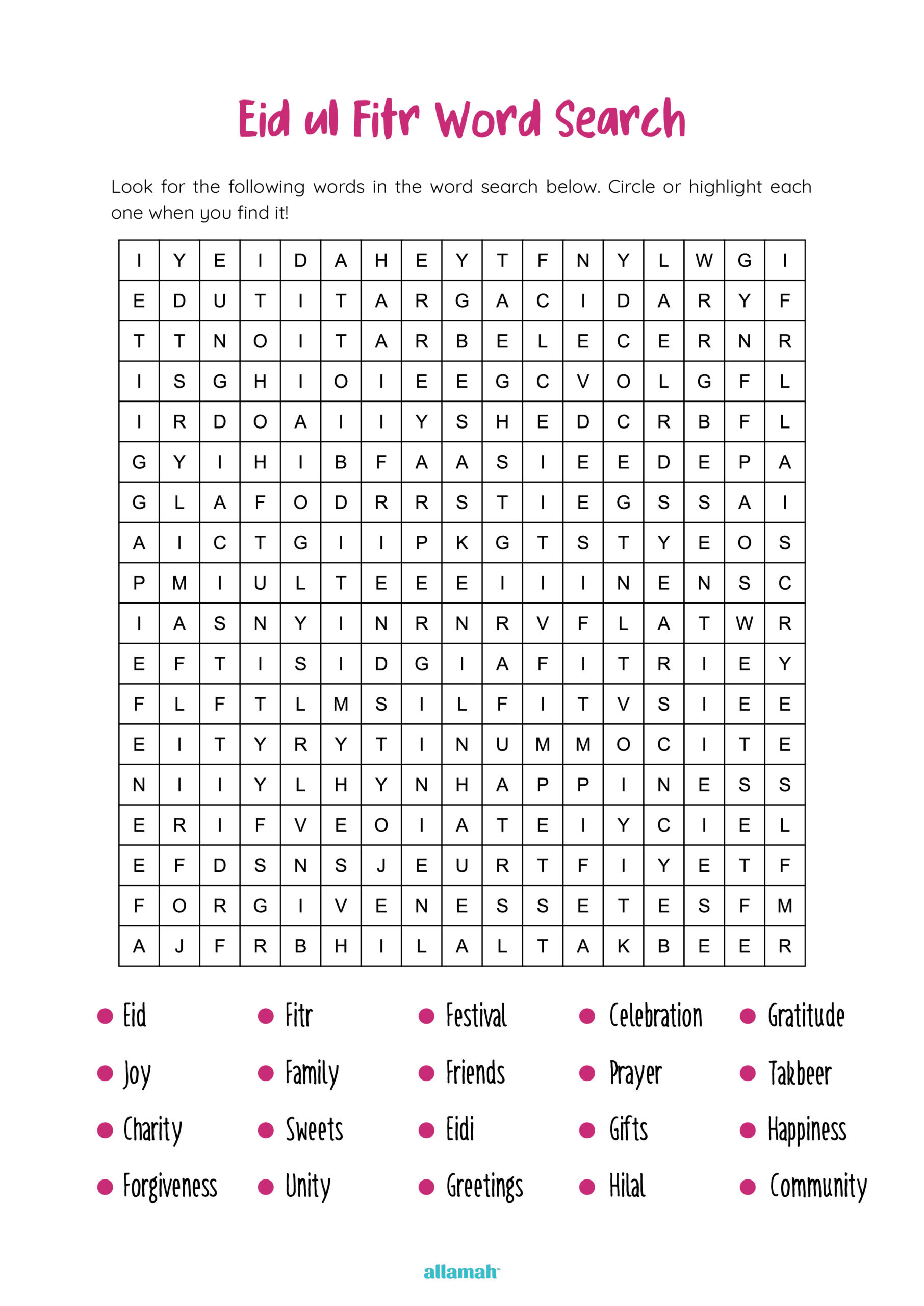 Eid ul Fitr Word Search – Welcome to Allamah