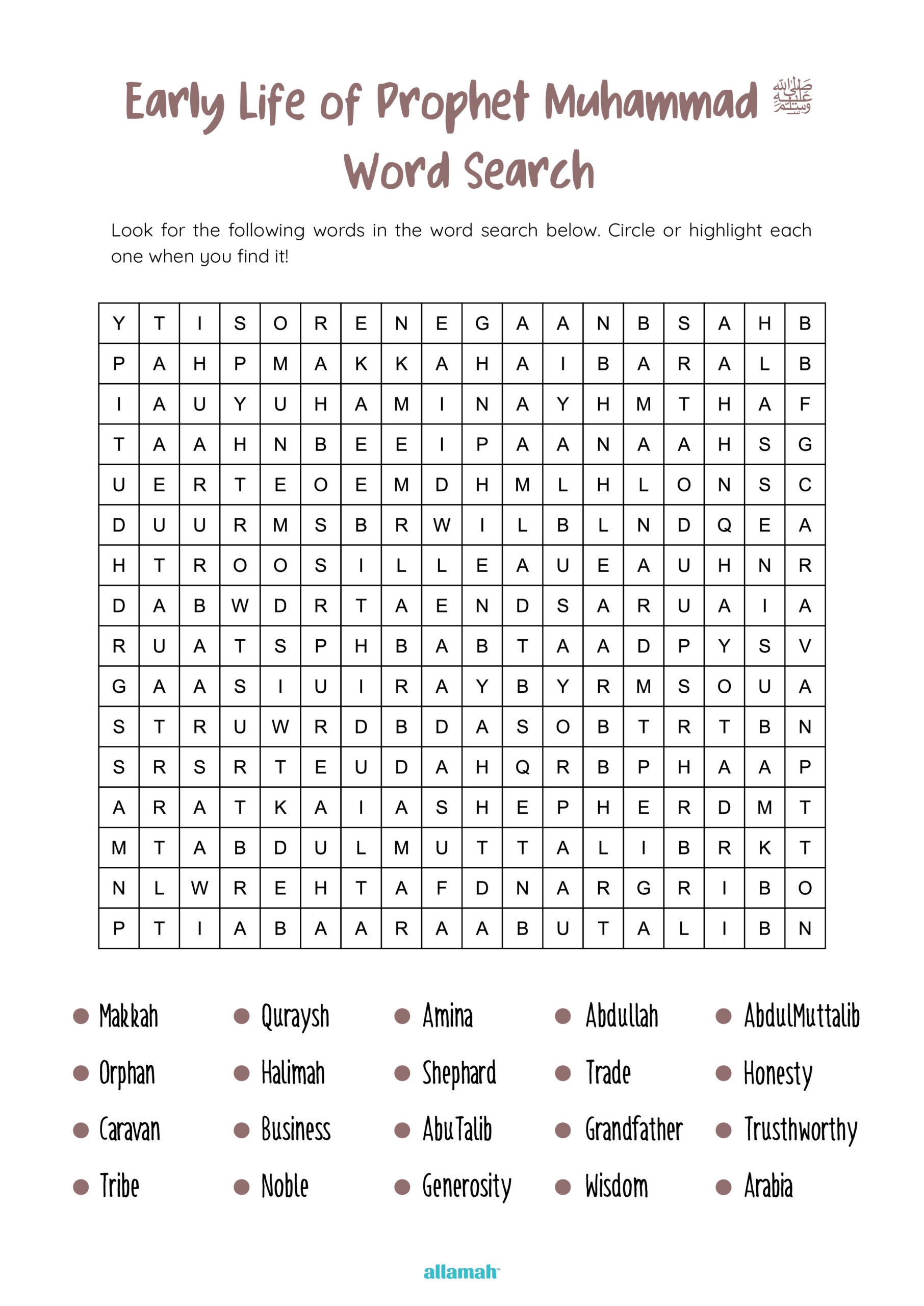 Life of Prophet ﷺ Word Search – Welcome to Allamah