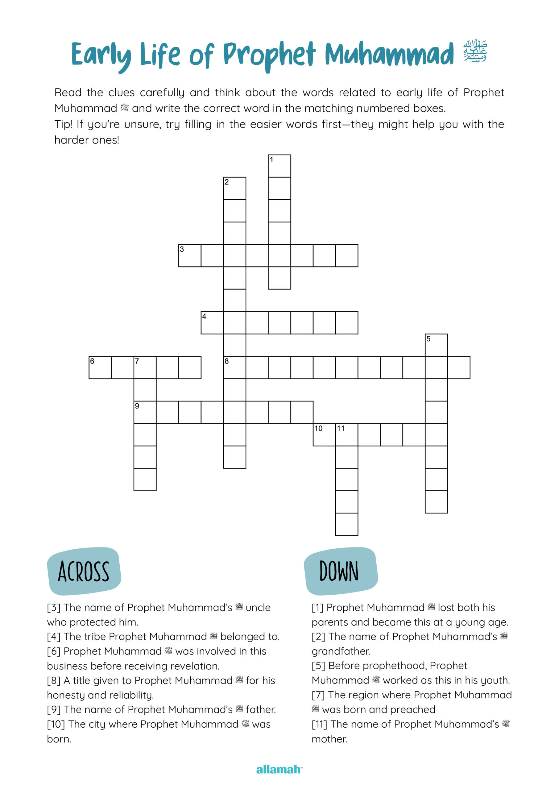 Early Life of Prophet ﷺ Crossword – Welcome to Allamah