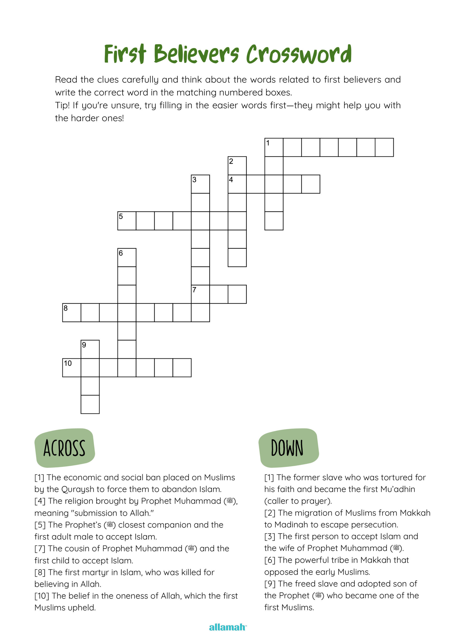 First Believers Crossword – Welcome to Allamah