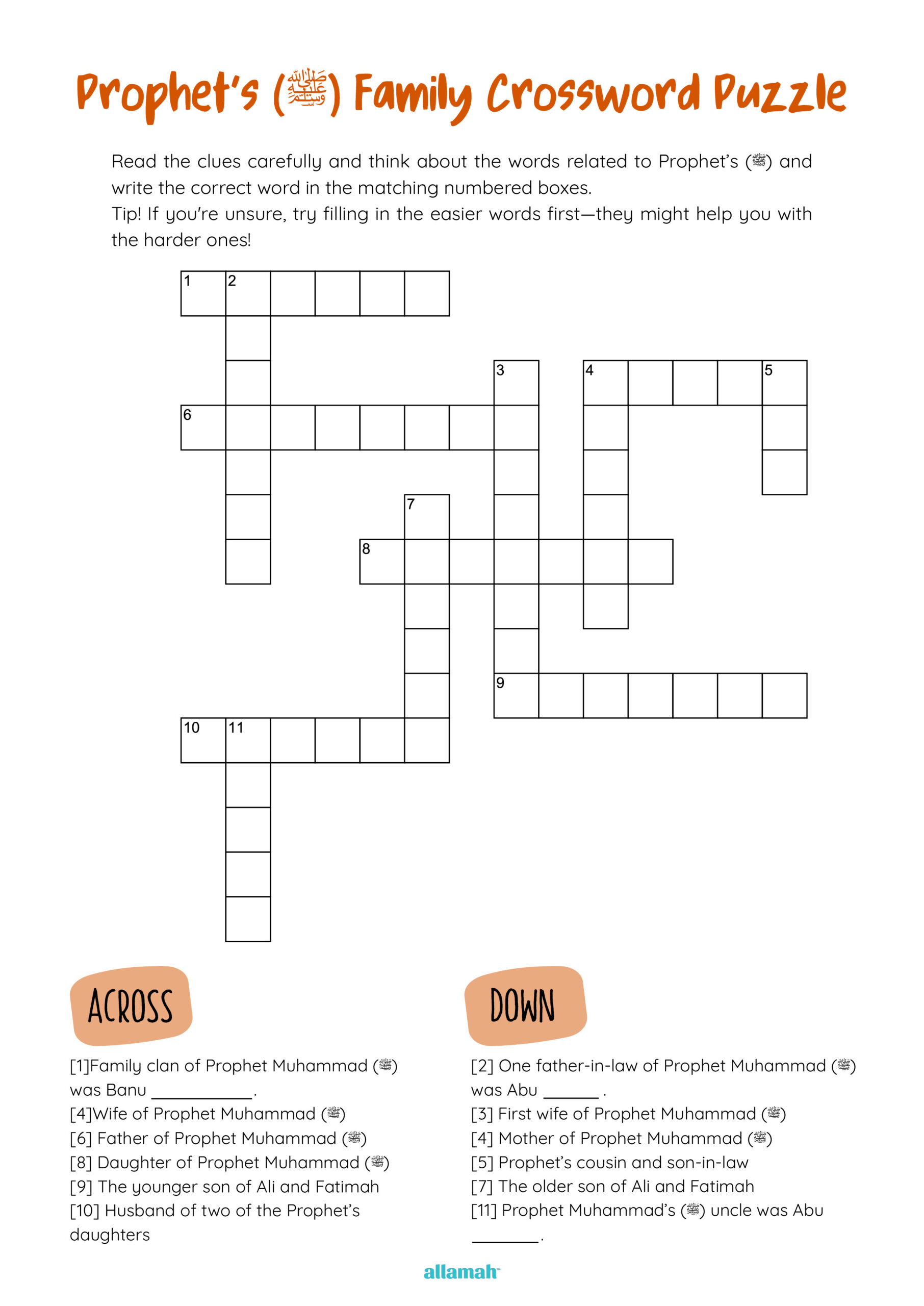 Prophet’s ﷺ Family Crossword – Welcome to Allamah