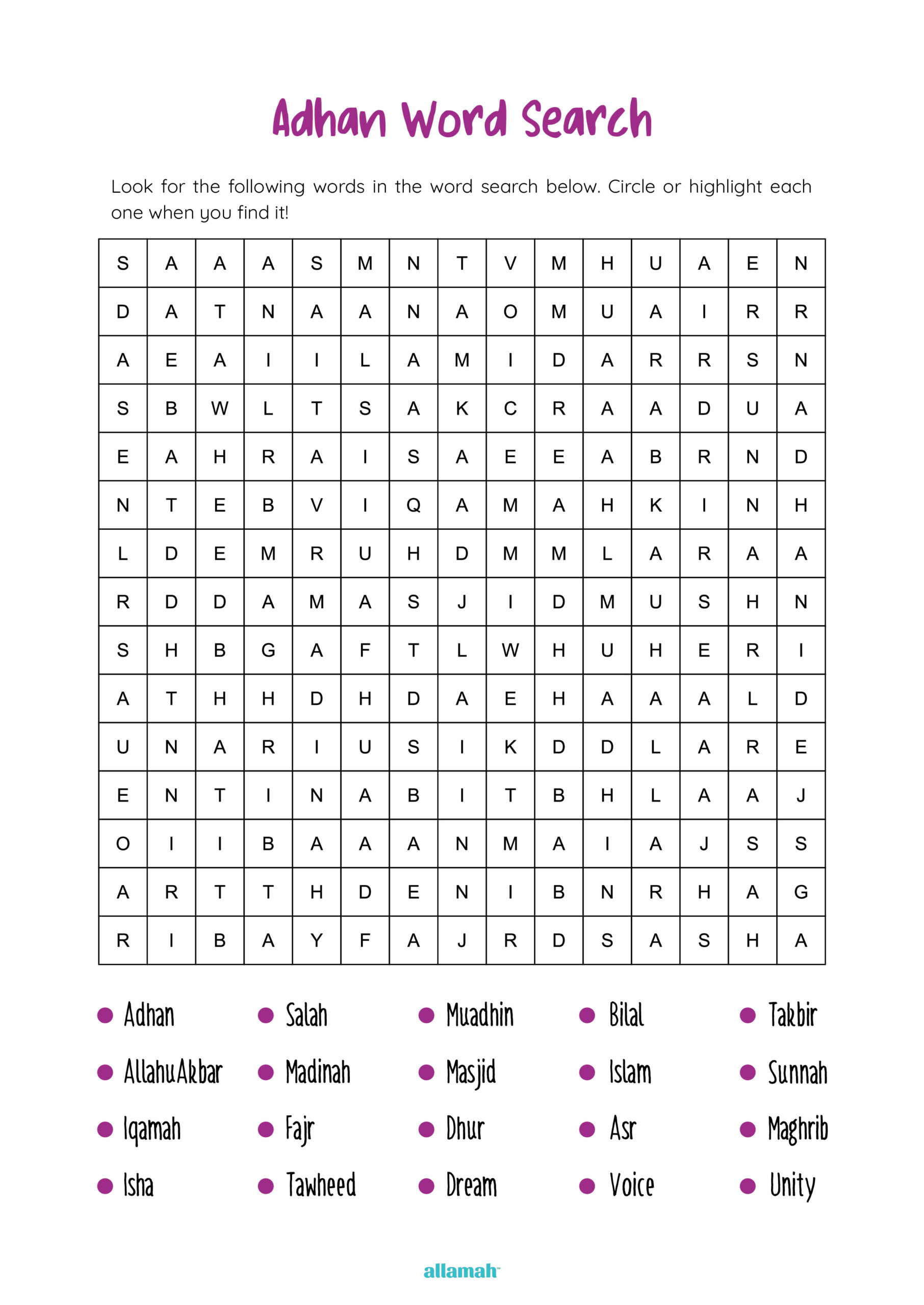 Adhan Word Search – Welcome to Allamah