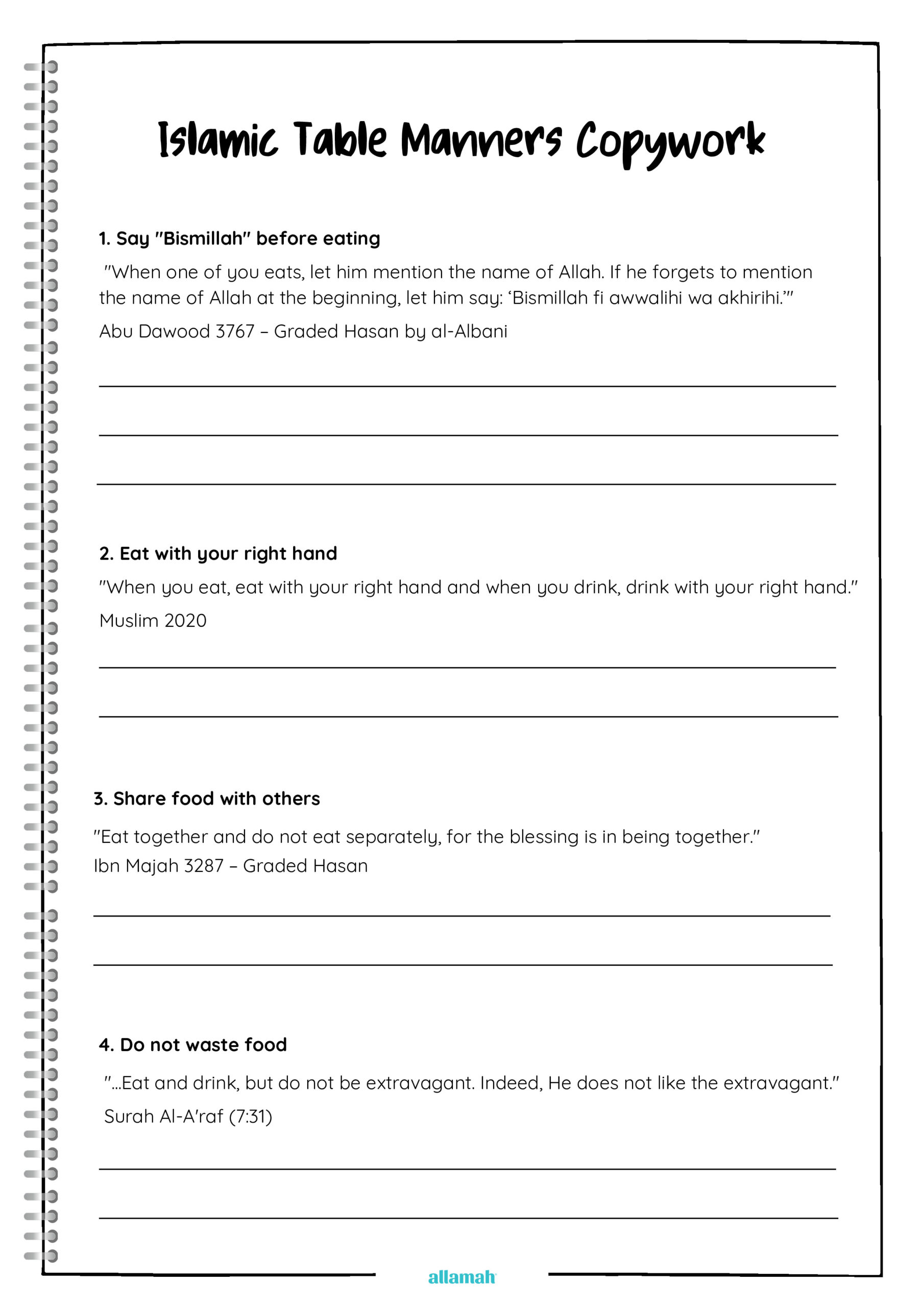 Islamic Table Manners Copywork – Welcome to Allamah