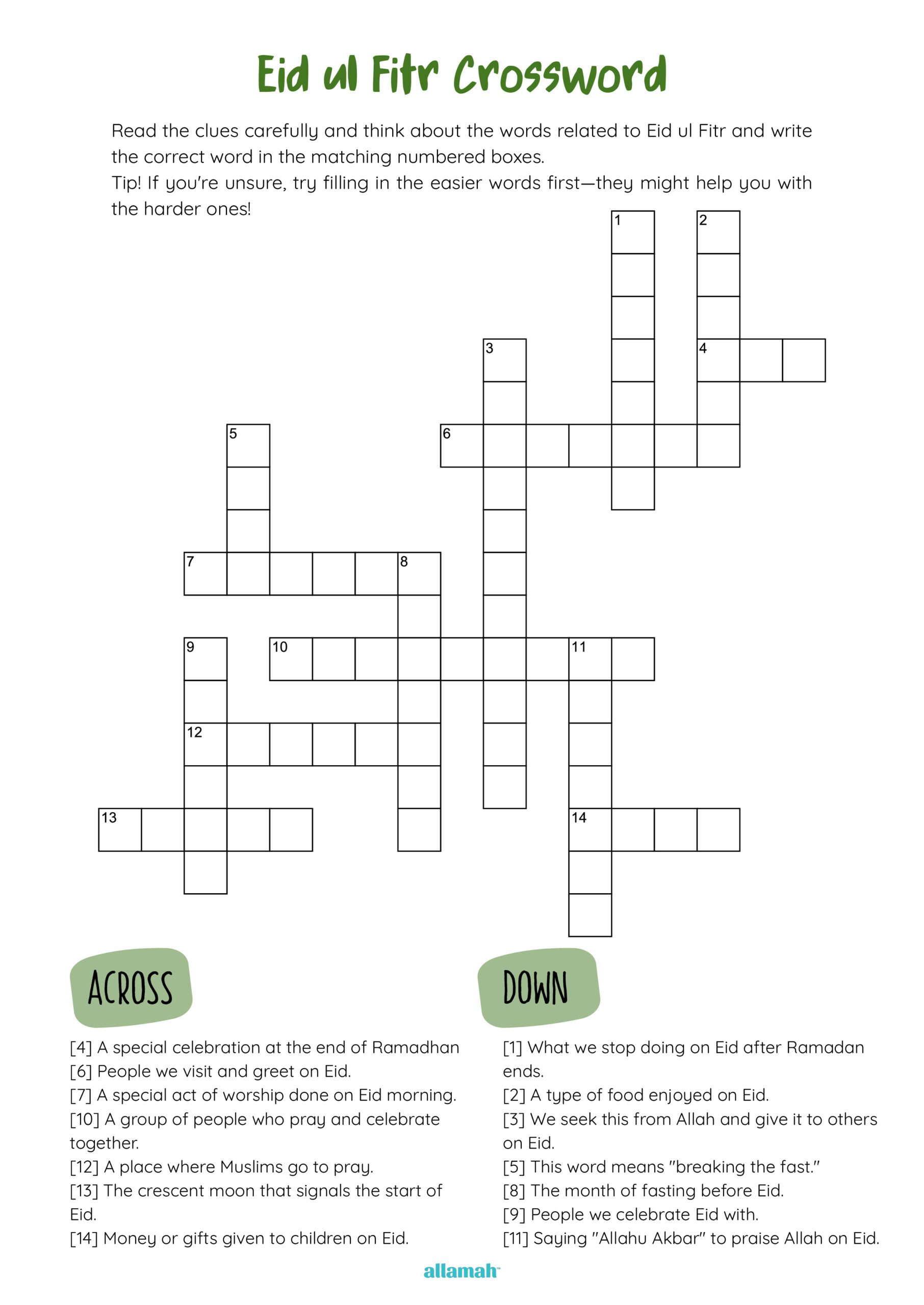 Eid ul Fitr Crossword – Welcome to Allamah