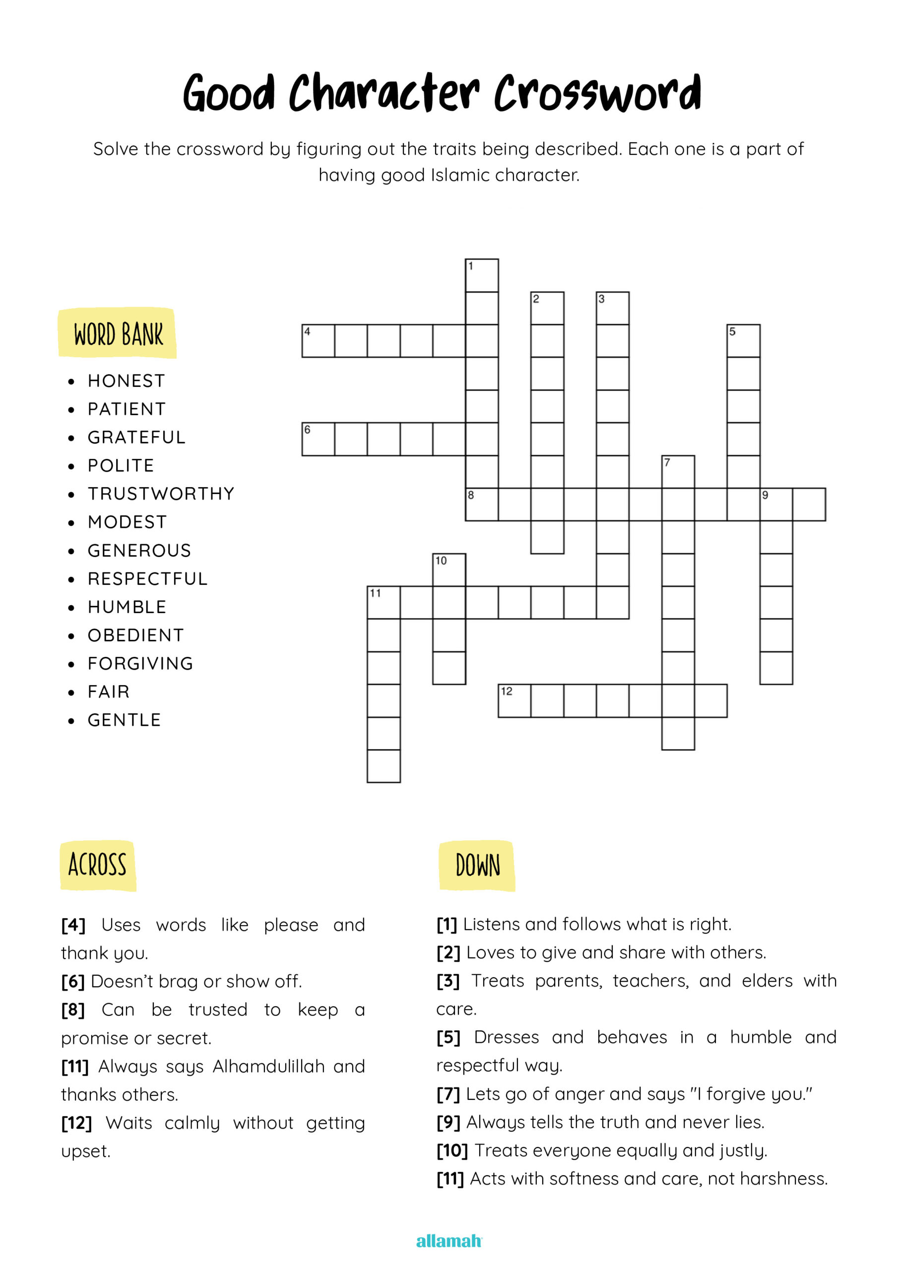 Good Character Crossword – Welcome to Allamah